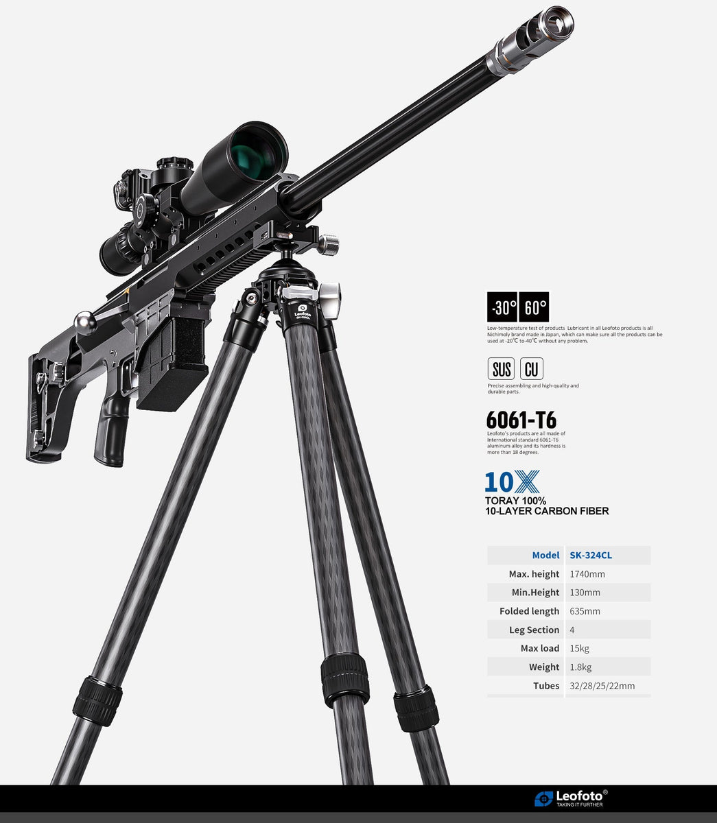 Leofoto SK-324CL(Long) Rifle Tripod with Integrated Knob-Control Ballh ...